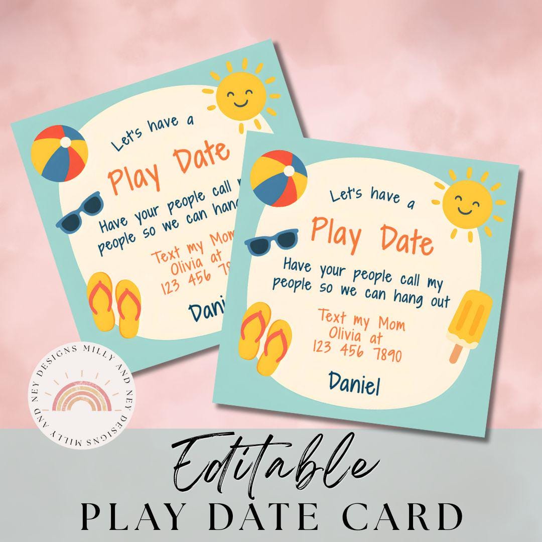 Play Date Business Card, Printable Kids Calling Card, Editable Summer ...
