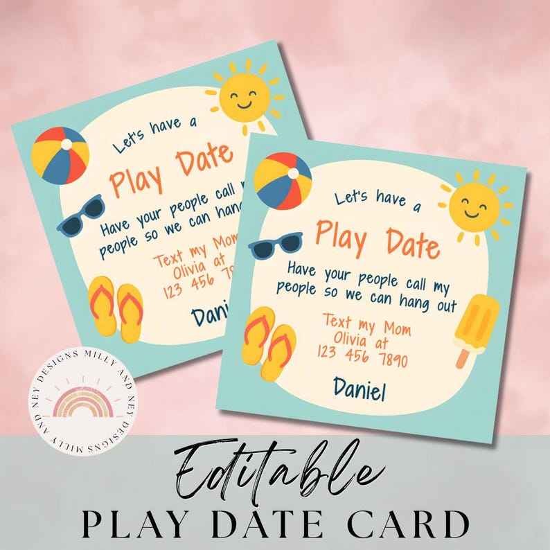 Play Date Business Card, Printable Kids Calling Card, Editable Summer ...