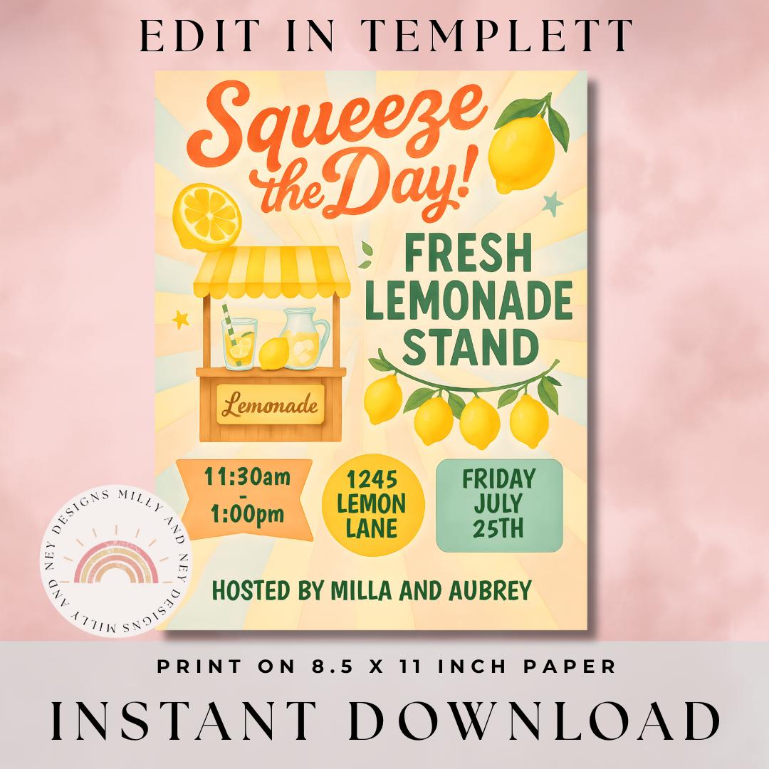 Kids Lemonade Stand Flyer, Editable Summer Activity Template, Printable ...