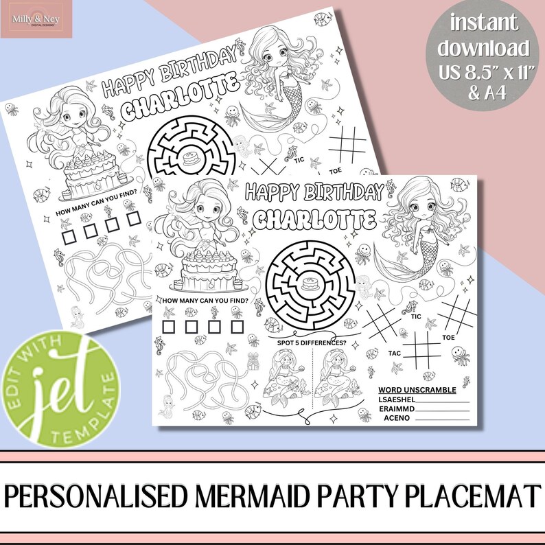 Mermaid Printable Coloring Sheet, Editable Mermaid Coloring Placemat ...