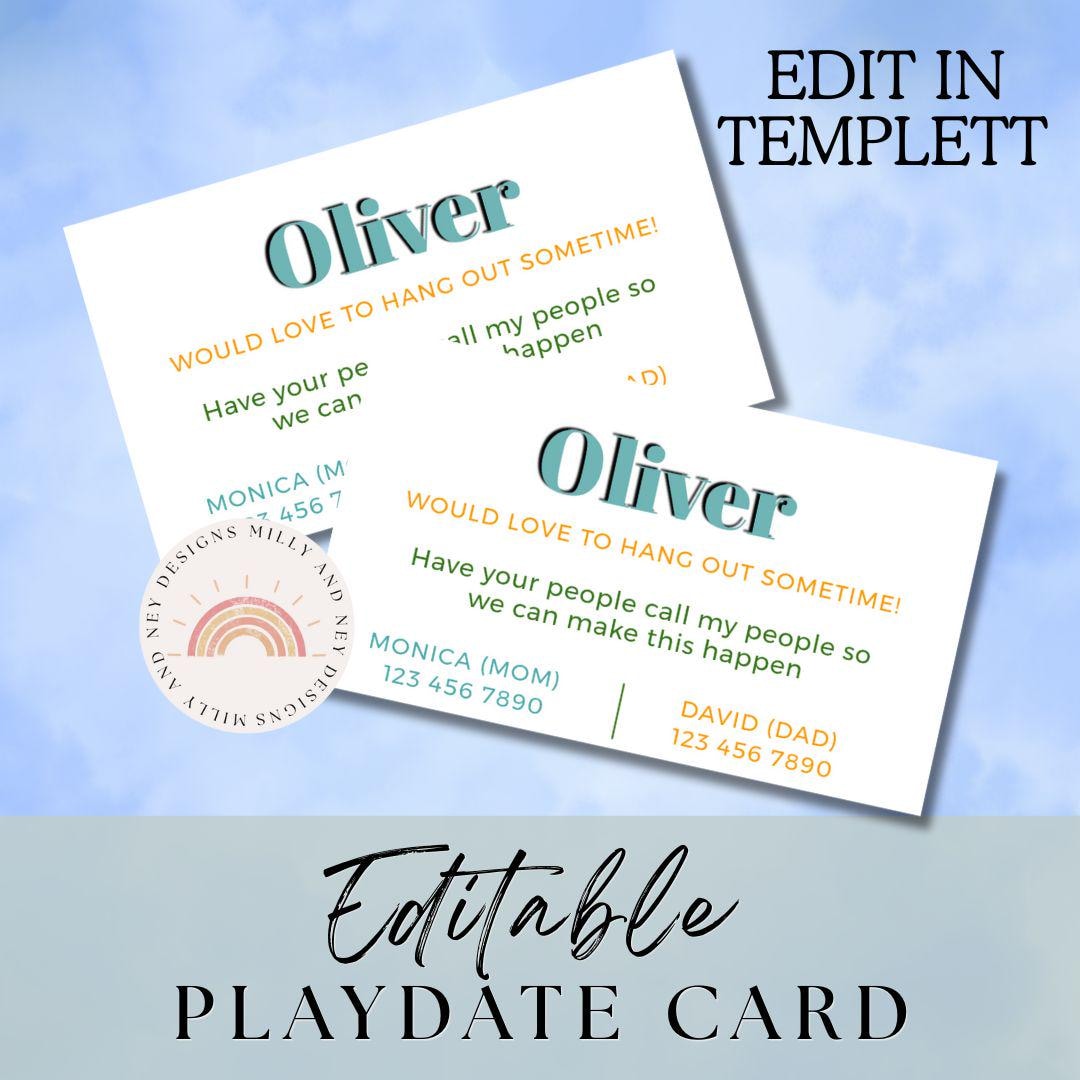Playdate Cards, Editable Kids Contact Cards, Printable Summer Playdate ...