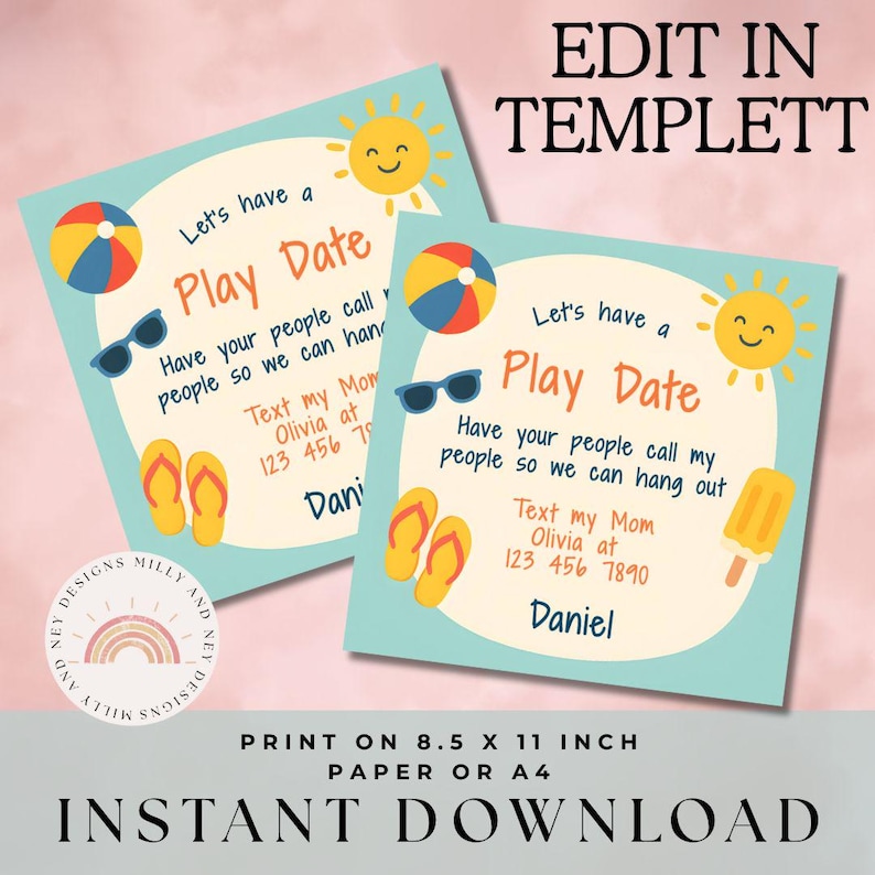 Play Date Business Card, Printable Kids Calling Card, Editable Summer Contact Card, Fun Playdate ...