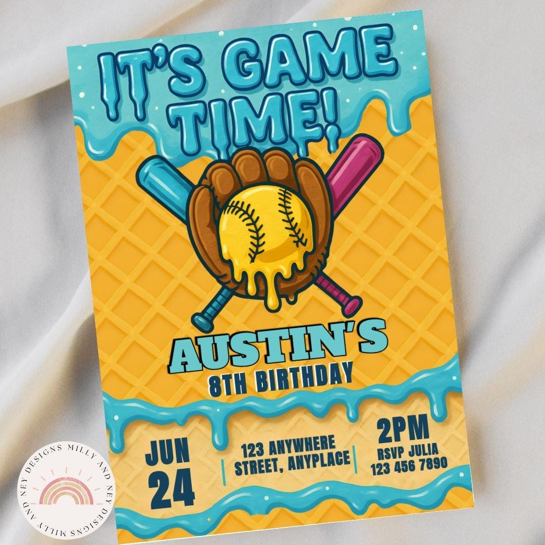 Softball Drip Birthday Invitation, Editable Digital Invite, Ice Cream ...