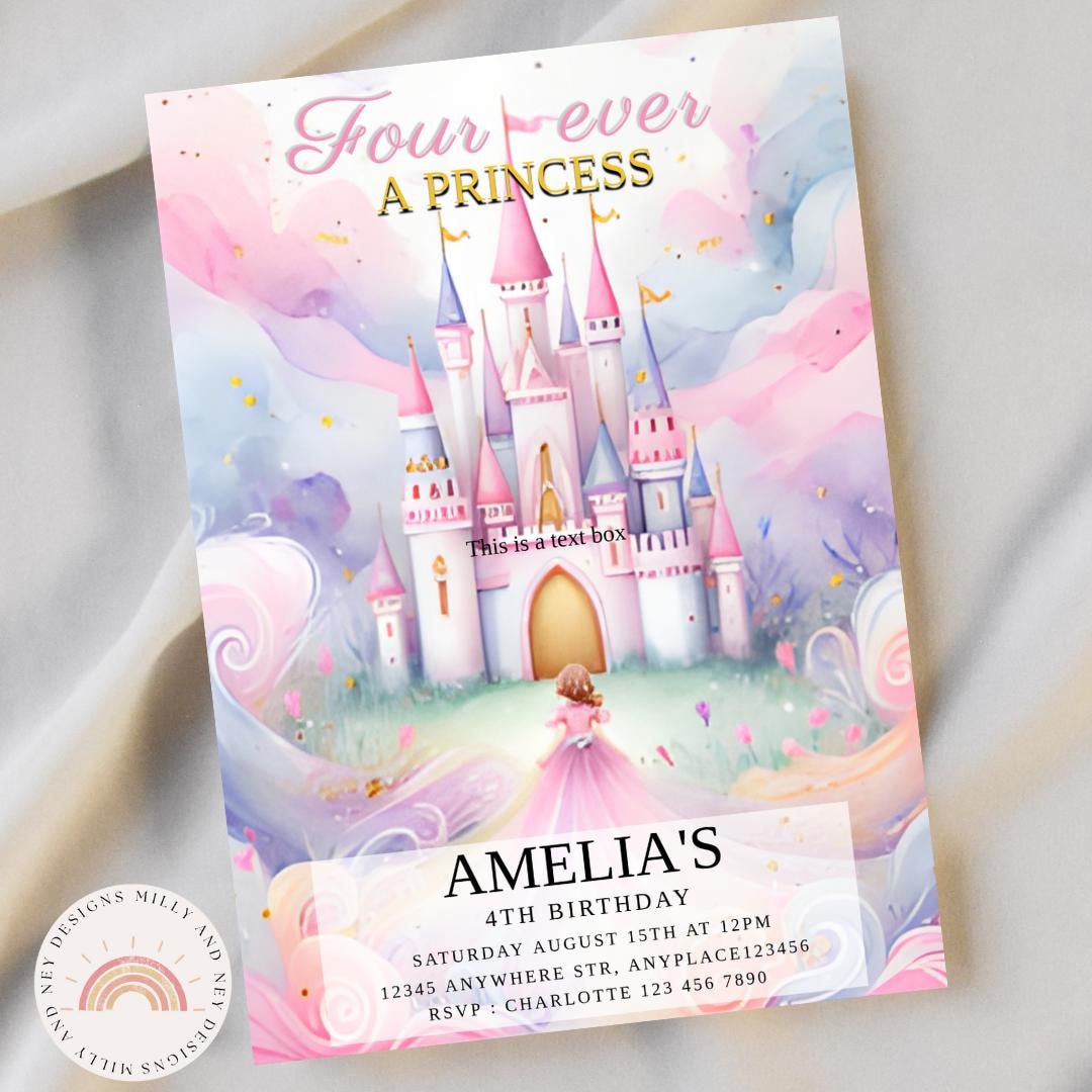 Four Ever A Princess Birthday Invitation, Editable 4th Birthday Invite ...