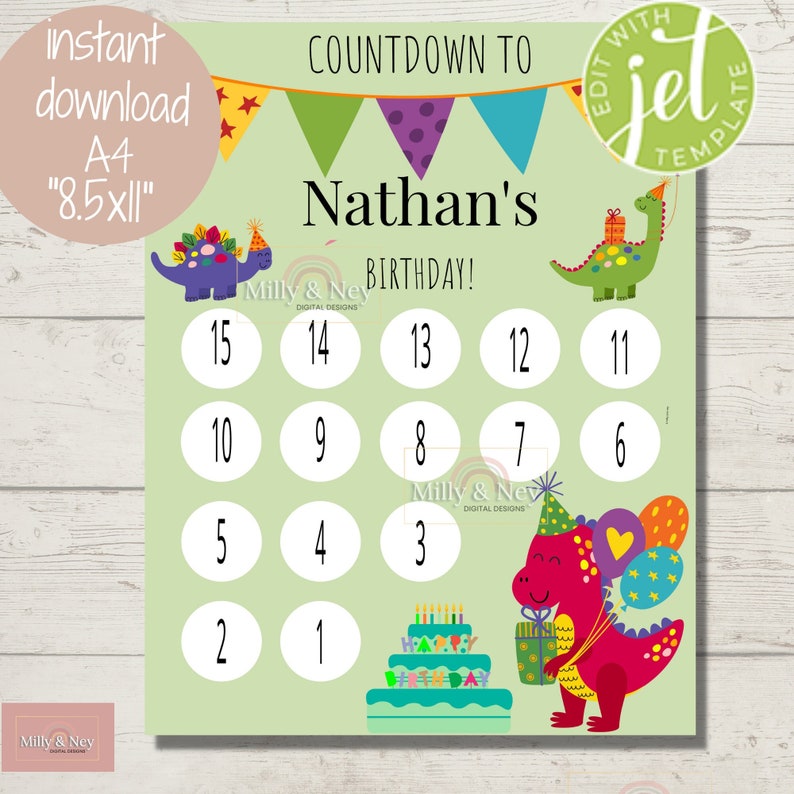 Editable Kids Dinosaur Birthday Countdown | Party Favors | Birthday ...