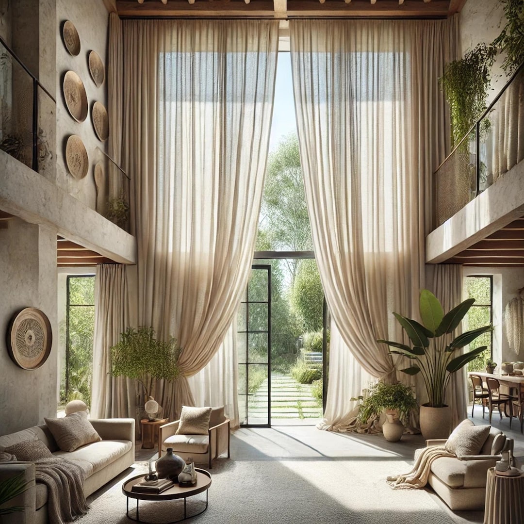Extra Long Linen Sheer Curtains - 52 Colors | High Ceiling Drapes for ...