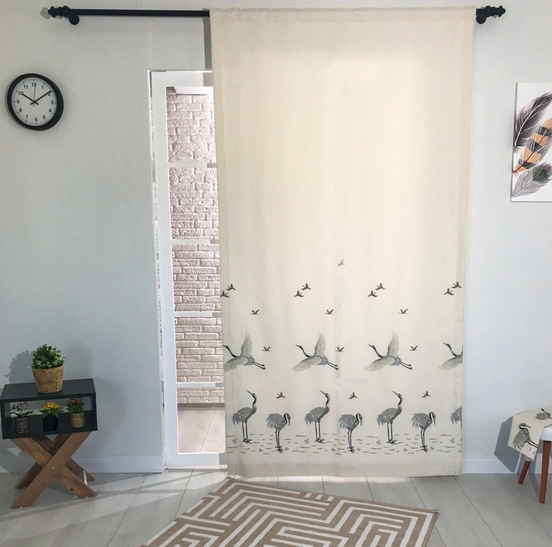 Crane Bird Linen Curtains, 5 Colors, White Lined Bird Pattern Drapes ...
