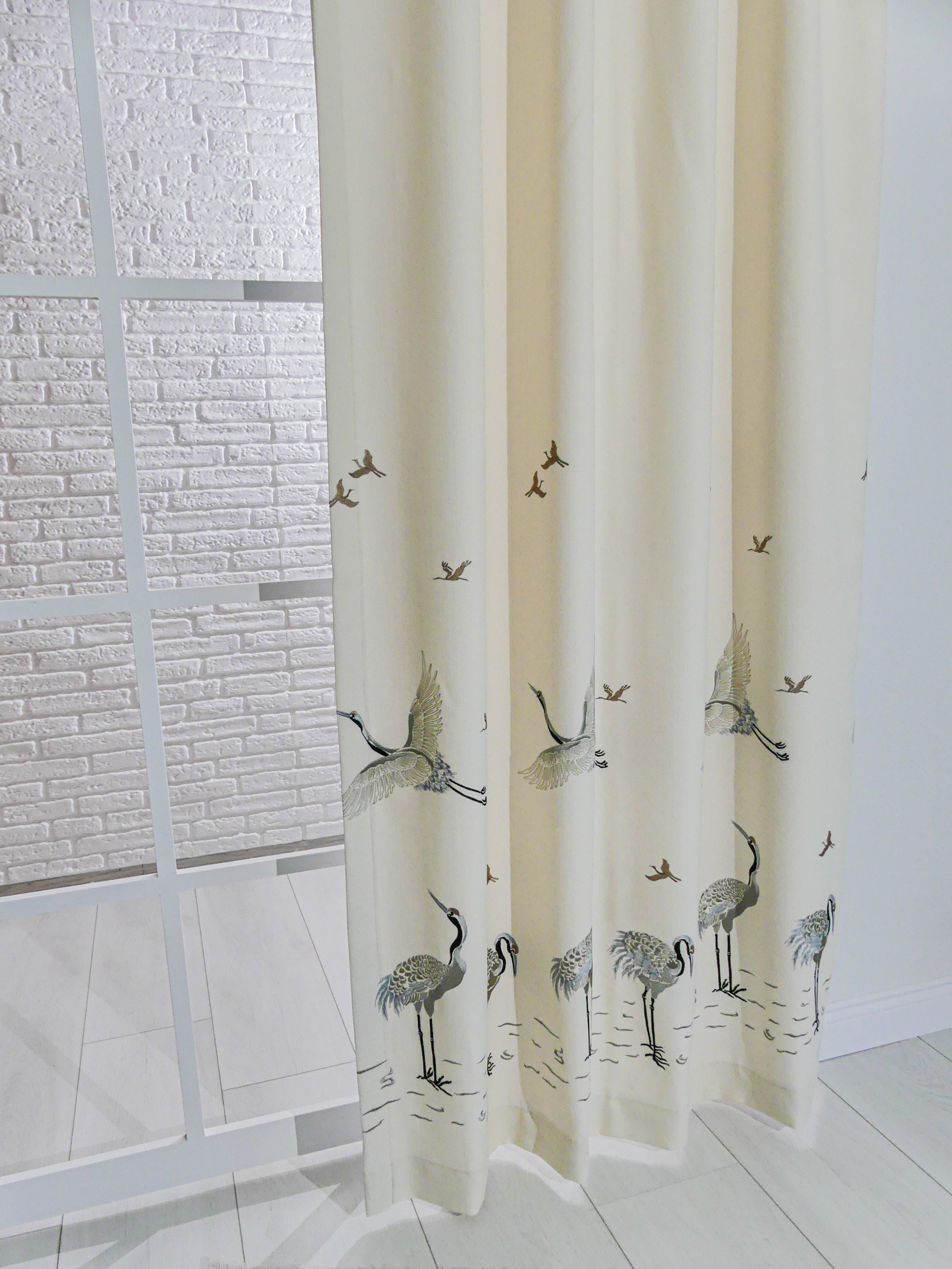 Crane Bird Linen Curtains, 5 Colors, White Lined Bird Pattern Drapes ...