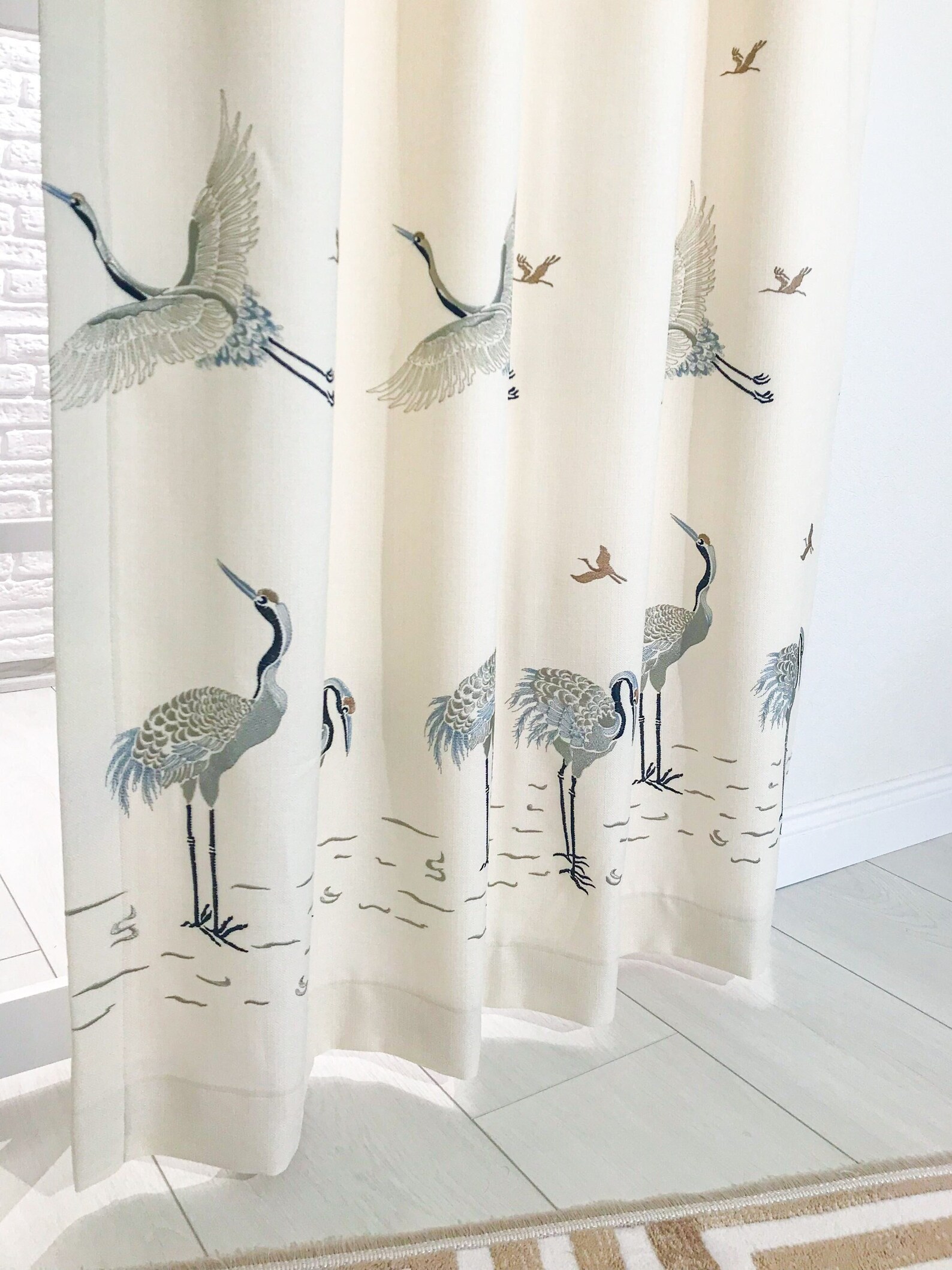 Crane Bird Linen Curtains, 5 Colors, White Lined Bird Pattern Drapes ...