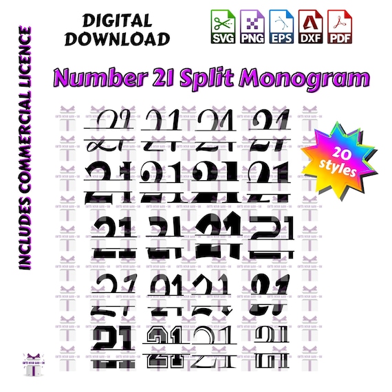 SVG Number 21 Twenty One Split Monogram Digital Download - Etsy