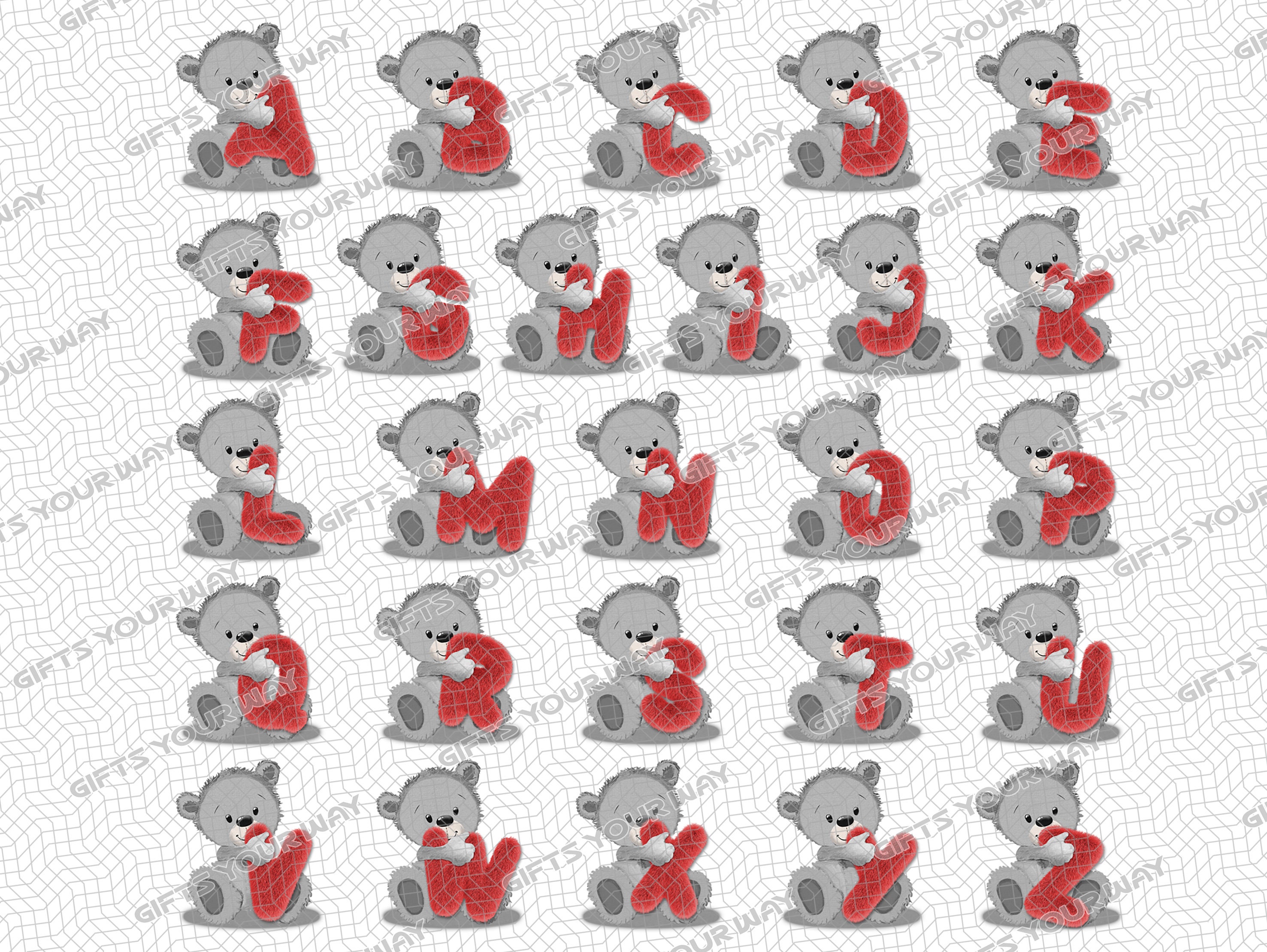 Printable Teddy Bear Alphabet Letters Grey With Red 2410 - Etsy