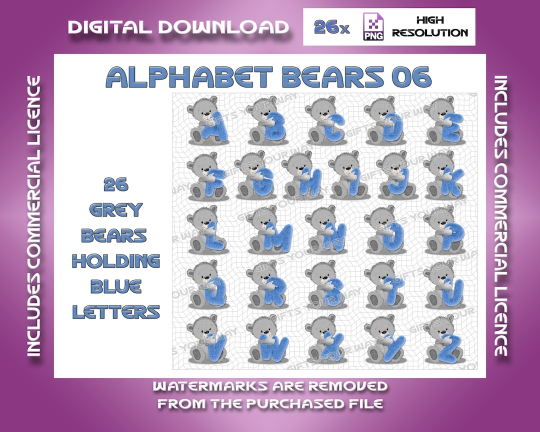 Printable Teddy Bear Alphabet Letters | Grey With Blue | 2406 - Etsy