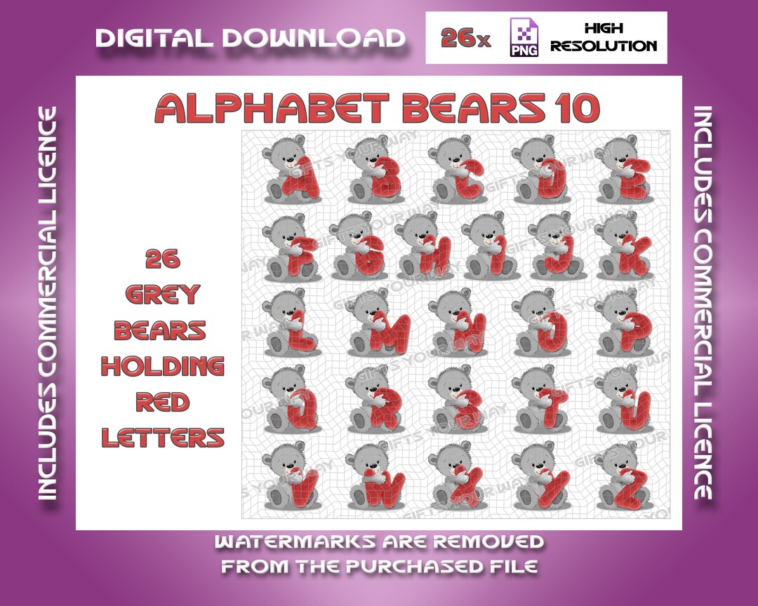 Printable Teddy Bear Alphabet Letters | Grey With Red | 2410 - Etsy