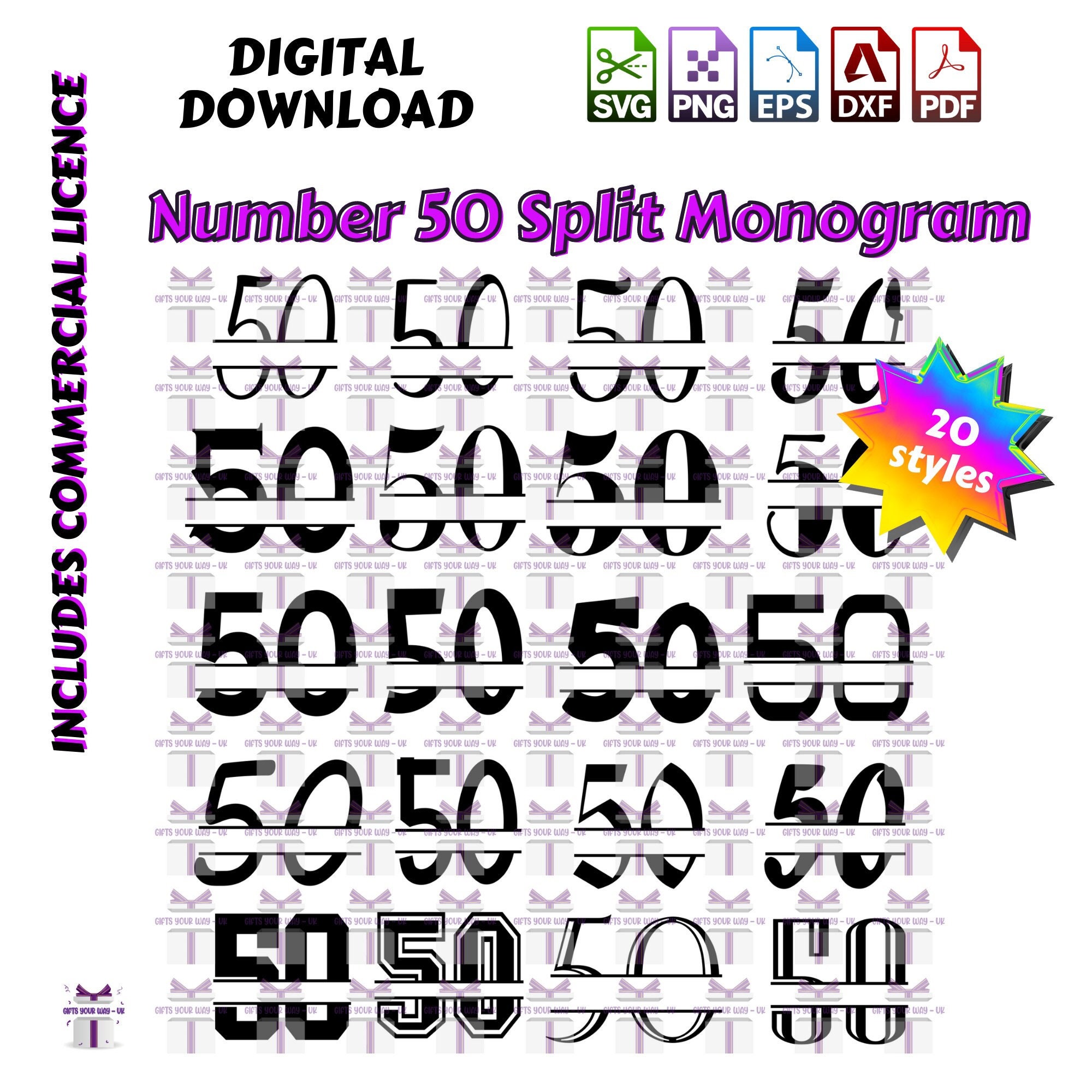 SVG Number 50 Fifty Split Monogram Digital Download 2241 - Etsy