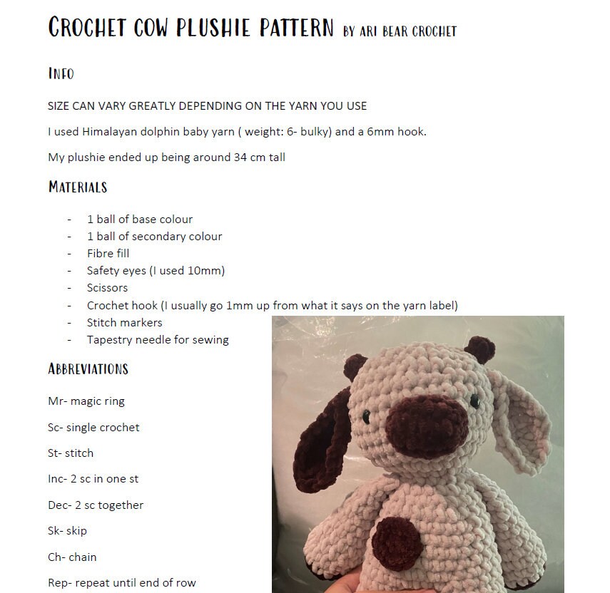 PDF Pattern Crochet Cow Pattern Cow Plushie Pattern - Etsy