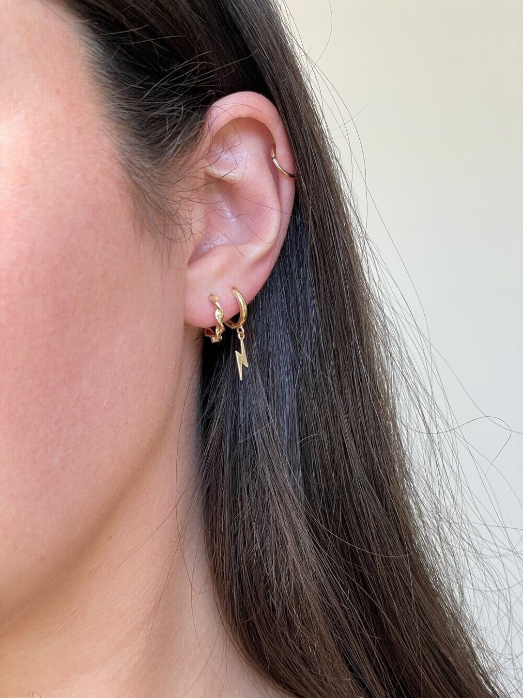 10k Solid Gold Dainty Lightning Hoop Earrings, Minimal Lightning Charm ...