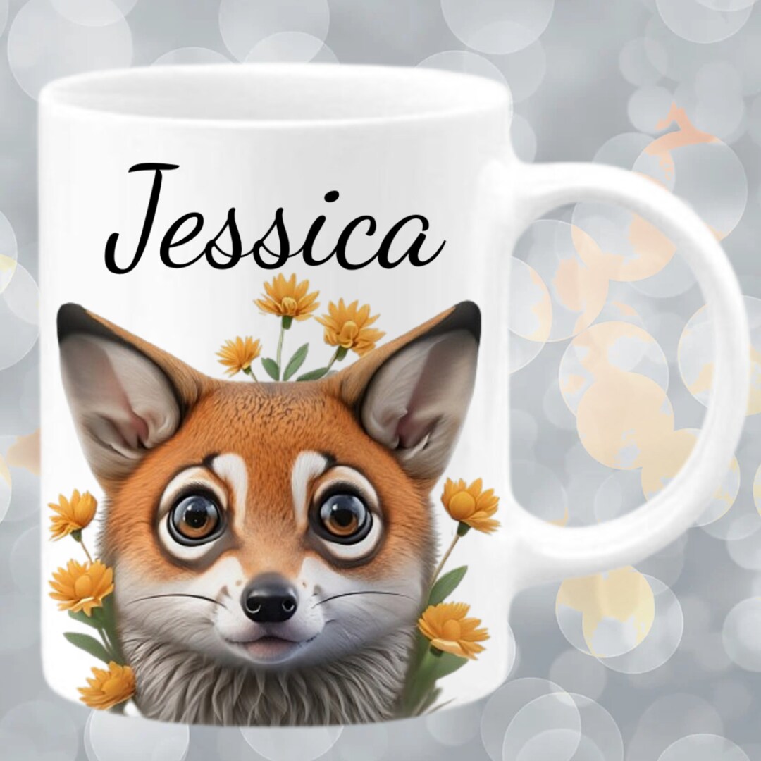 Personalized Fox Coffee Mug, Floral Fox Coffee Mug, Fox Mug With Name ...