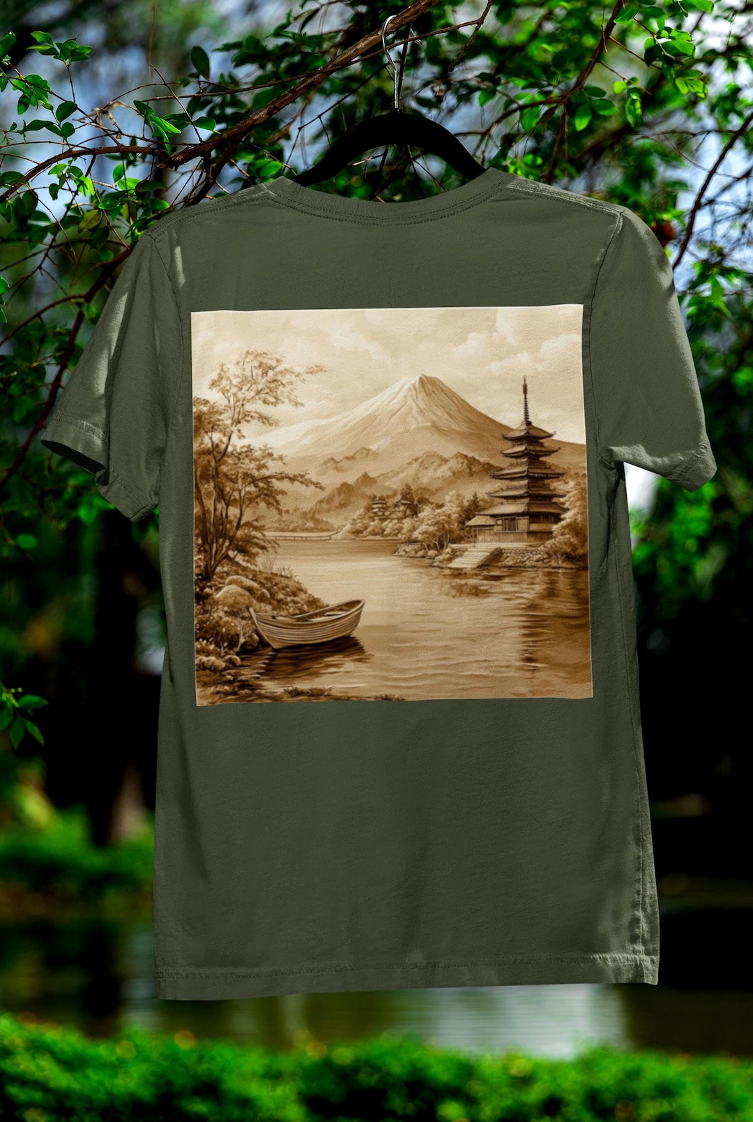 Sepia Japanese Landscape T-shirt | Mount Fuji Pagoda Graphic Tee ...