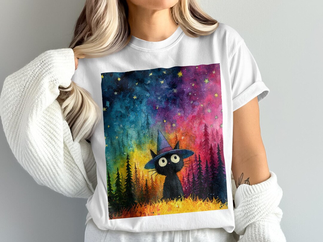 Stary Black Cat T Shirt, Watercolor Black Cat, Halloween T Shirt, Cute ...