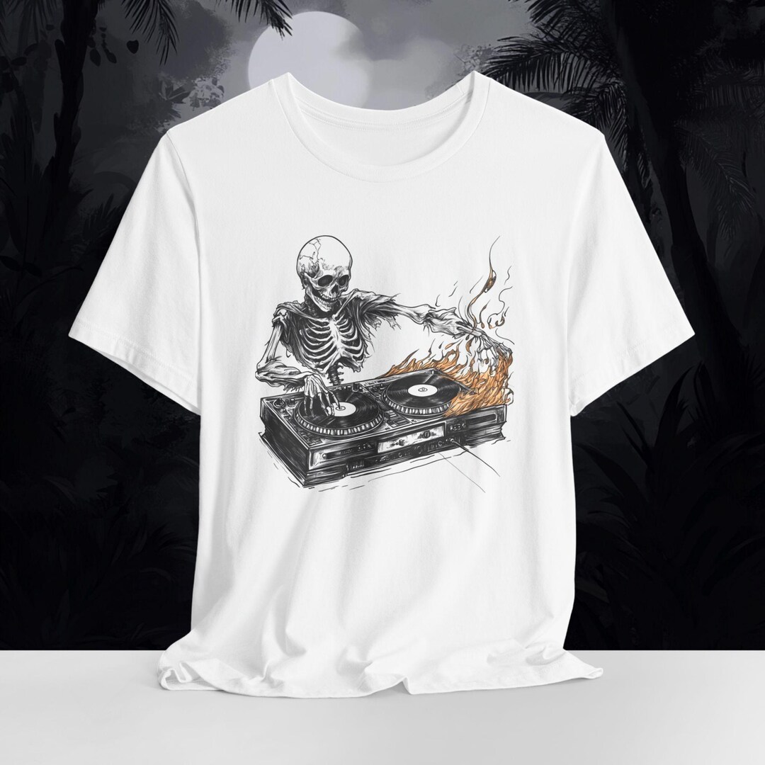 Heavy Metal Skeleton DJ Shirt | Flaming Turntable Rock Tee | Metalhead ...