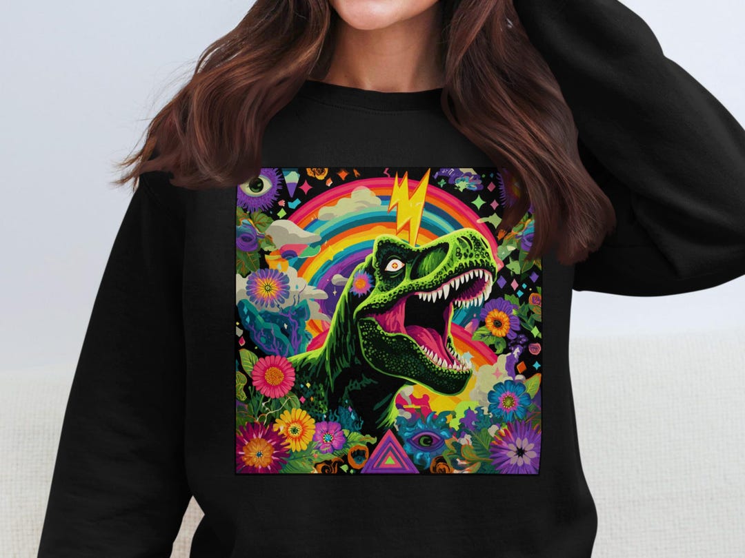 Trippy Trex Rave T-shirt | Psychedelic Dinosaur Hoodie | Oversized Dino ...