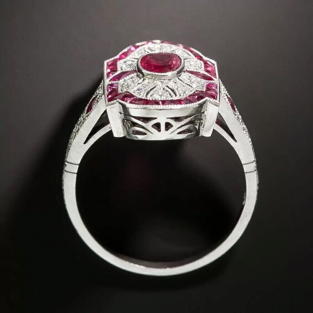 Art Deco Vintage Red Oval Cut Ruby & White Diamond Engagement Wedding ...