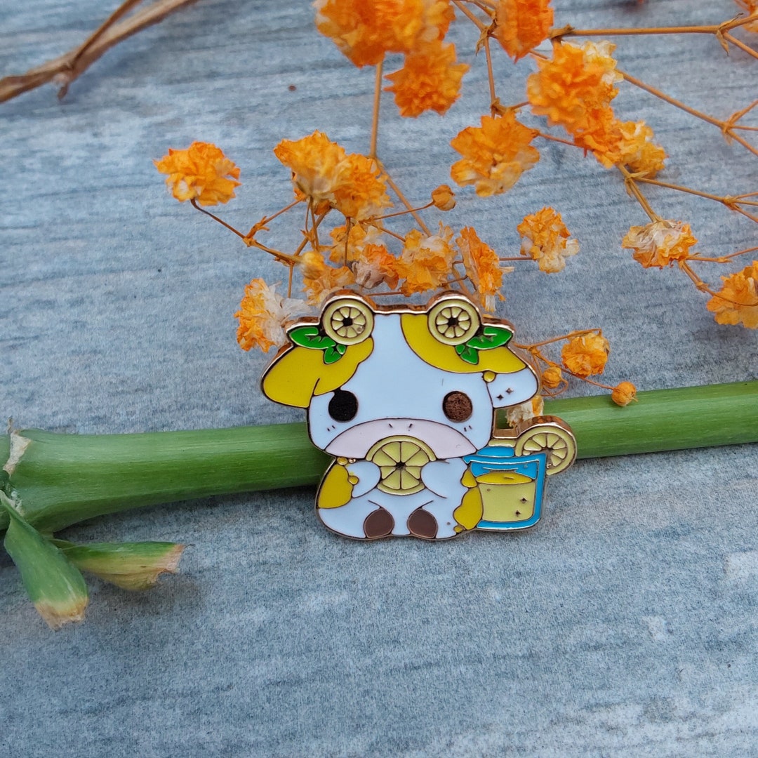 Cute Yellow Cow Drinking Lemonade Enamel Farm Animal Pin Farm Life ...