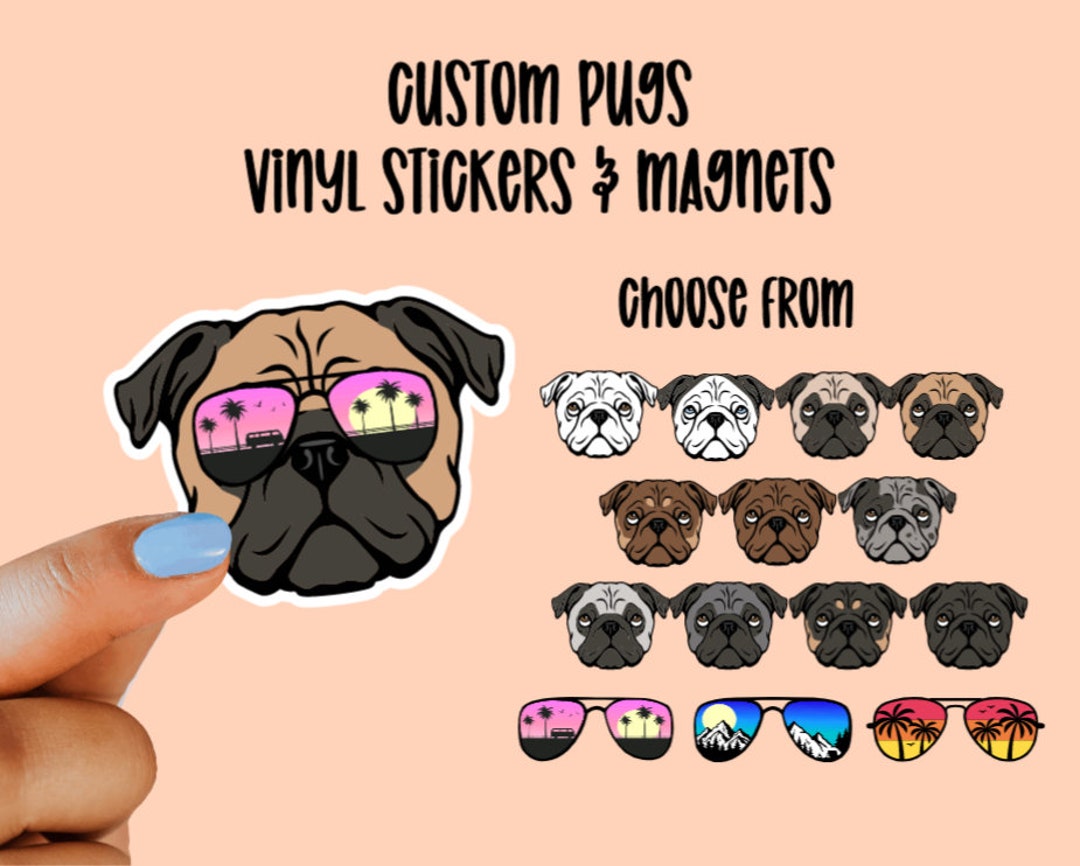 Custom Pug Vinyl Stickers and Magnets | Black Pug, Merle Pug ...