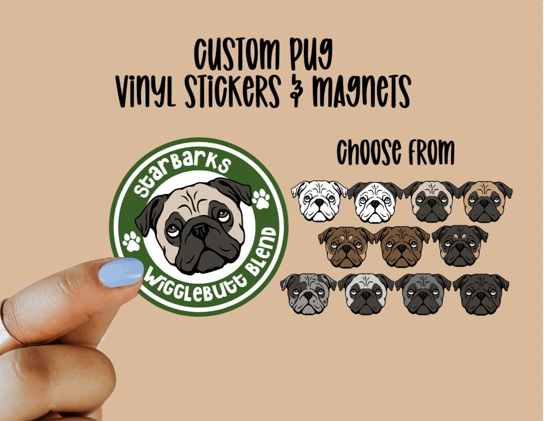 Custom Pug Vinyl Stickers and Magnets | Black Pug, Merle Pug ...