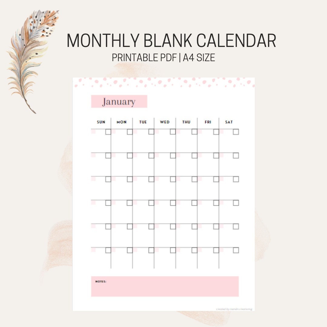 Monthly Blank Printable, Simple Calendar, PDF Printable - Etsy