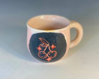 Ceramic Pink Cherry Mug With Saucer, Porcelain Cup, Handmade Coffee Tea ...
