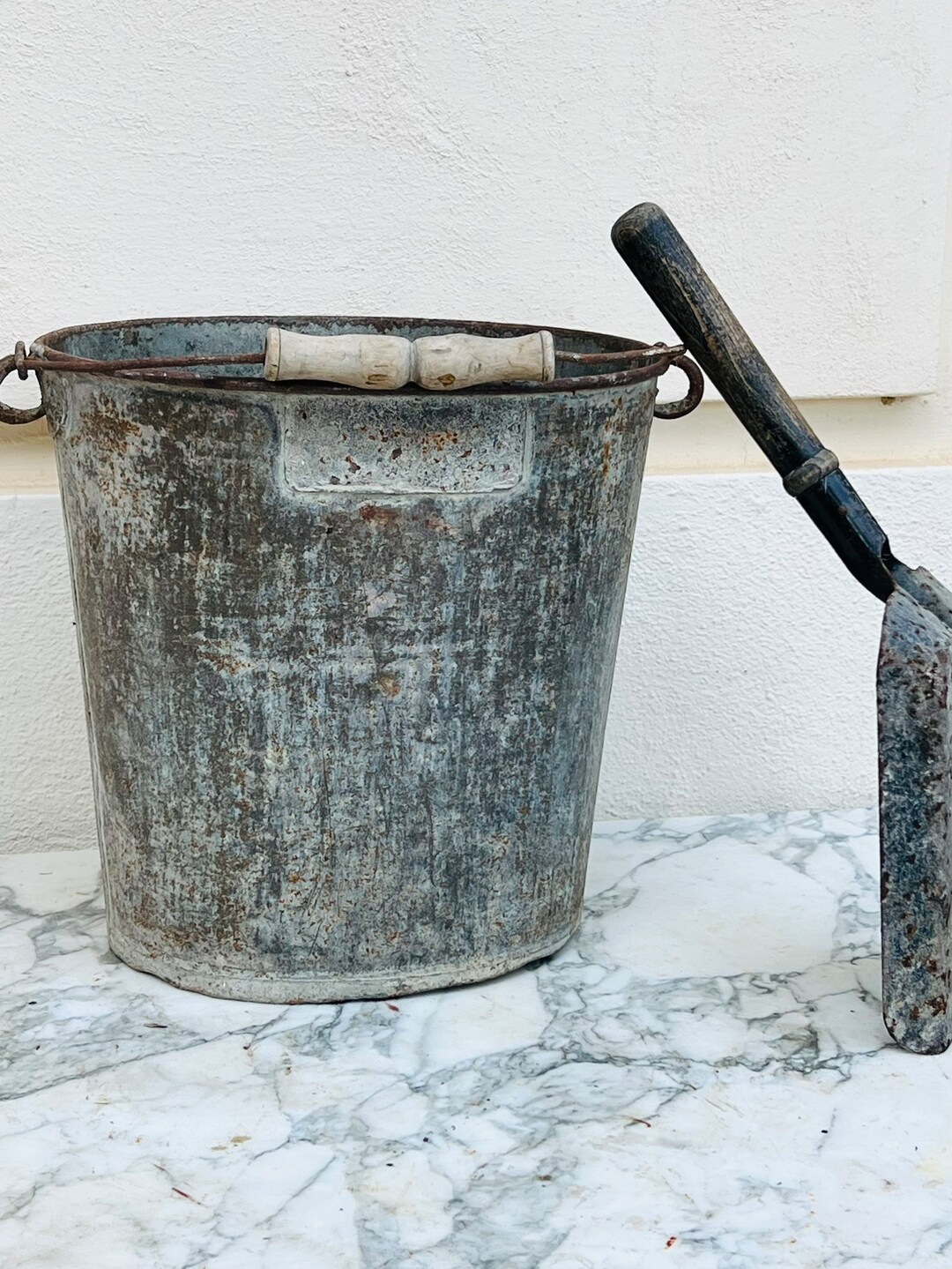 Antique Rustic Coal Bucket With Galvanized Metal Shovel and Wooden ...