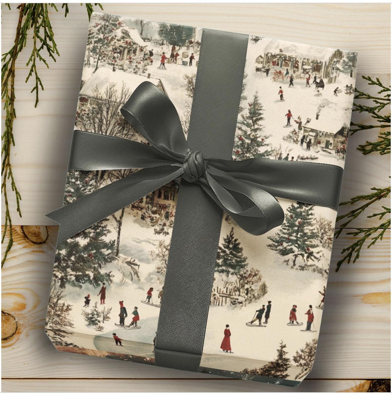 Vintage Skiers Christmas Wrapping Paper, Nostalgic Winter Skiing ...