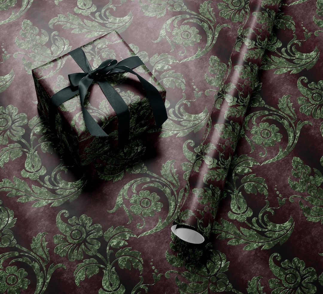 Crushed Velvet Damask Gift Wrapping Paper: Green & Burgundy Print - Etsy