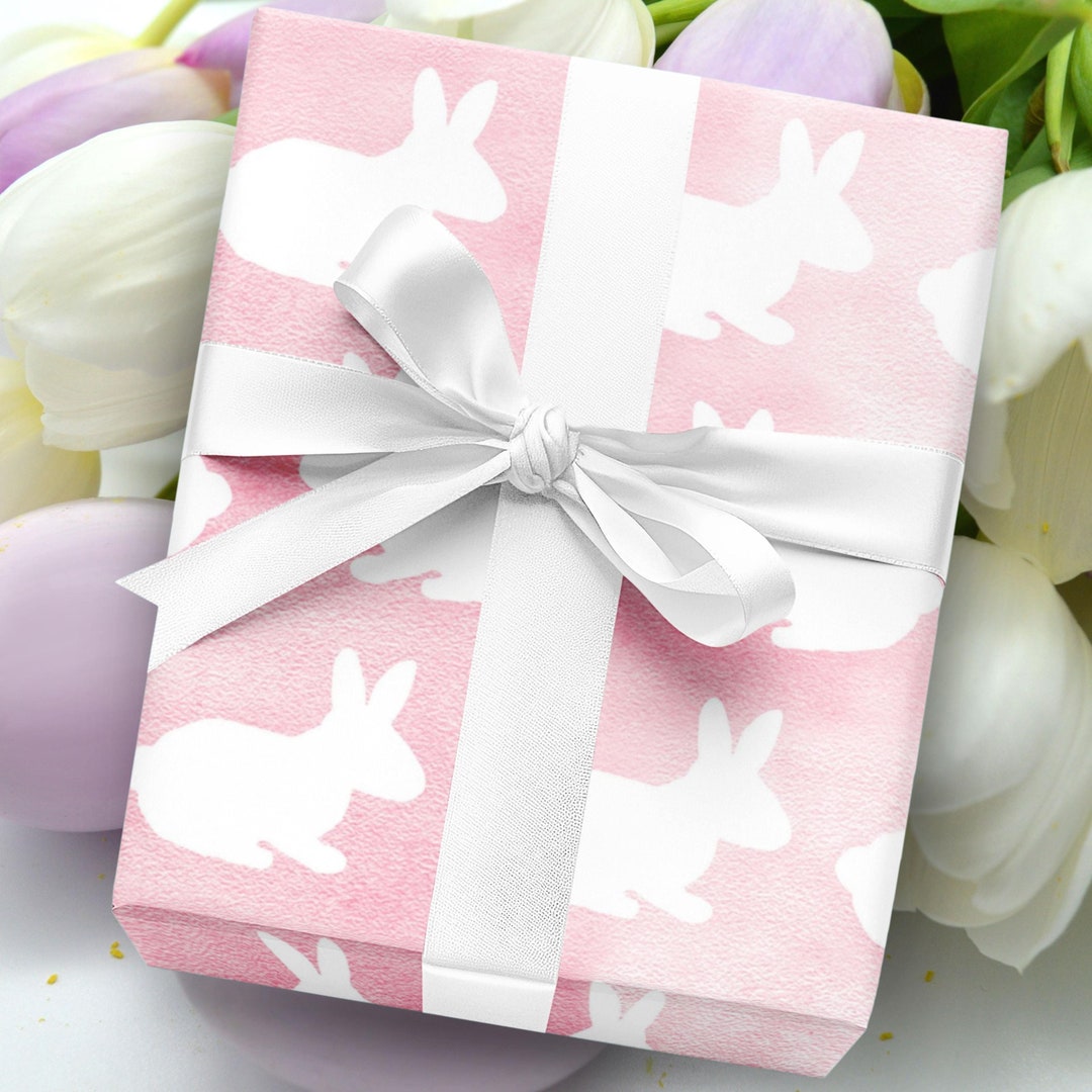 White Bunny Pastel Pink Gift Wrap, Bunnies Easter Basket Gift Wrap ...