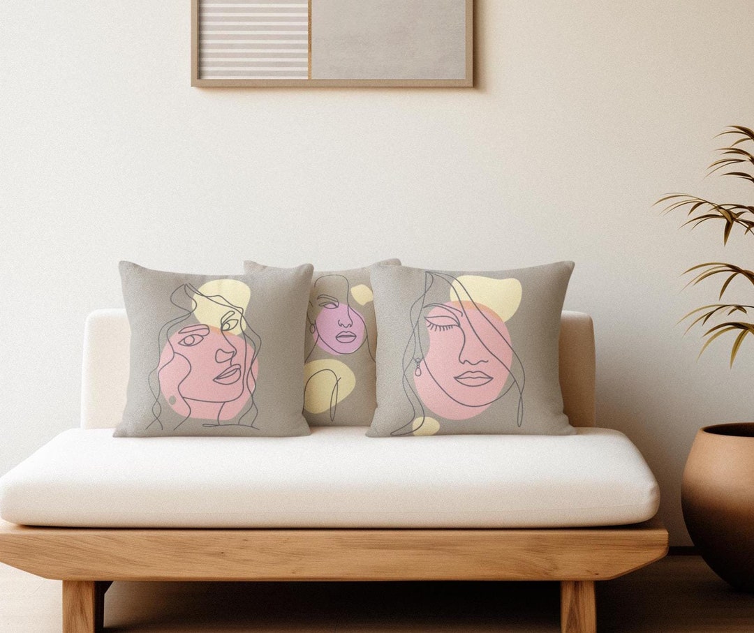 Pink Yellow Line Drawing Woman Abstract Art Pillow,accent Pillows Sold ...