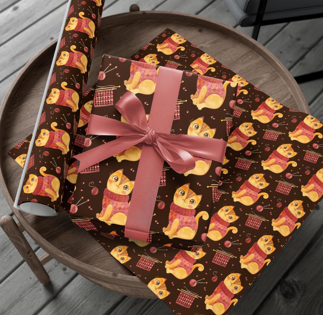 Cartoon Cat Gift Wrap Papers, Knitting Theme Wrapping Sheets, Cute Cat ...
