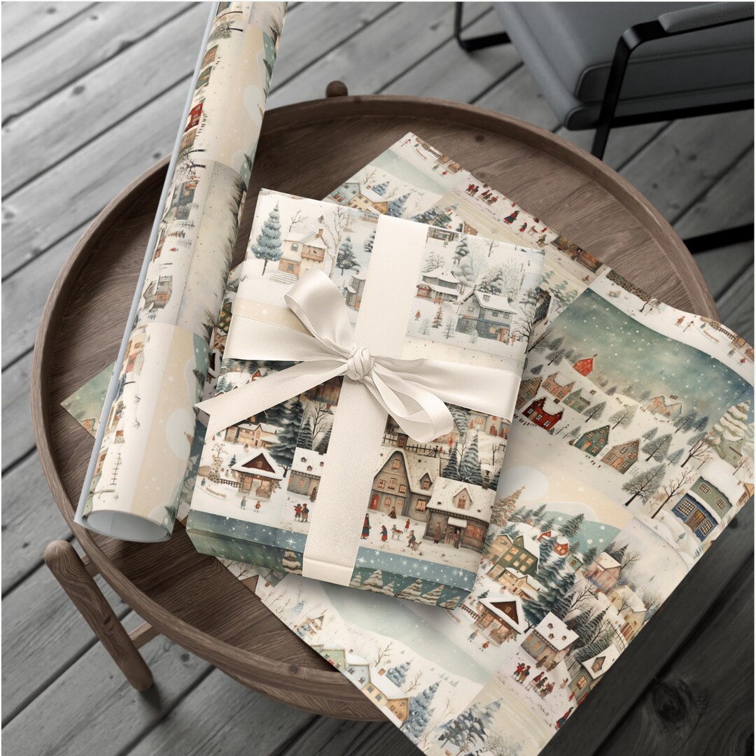 Nordic Christmas Wrapping Paper: Alpine Village Illustration - Etsy