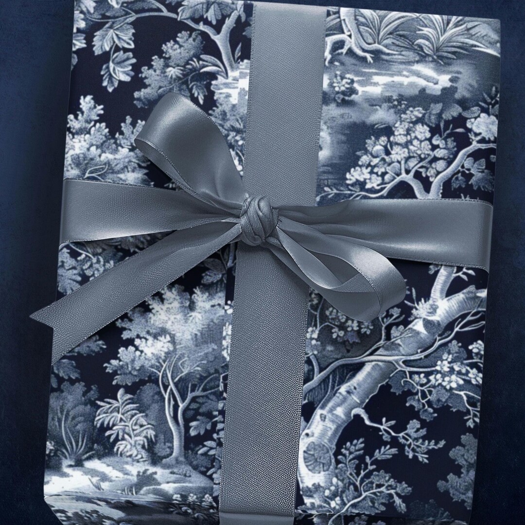 French Toile Gift Wrapping Paper, Dark Blue Chinoiserie Gift Wrap ...