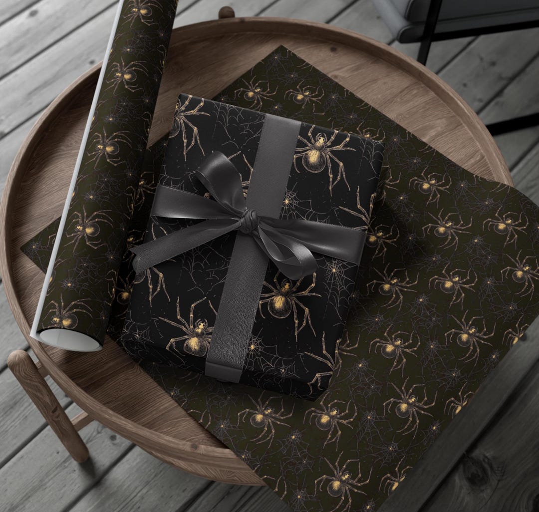 Gold Black Spider Wrapping Paper, Spider Web Gift Wrap, Gothic Black ...