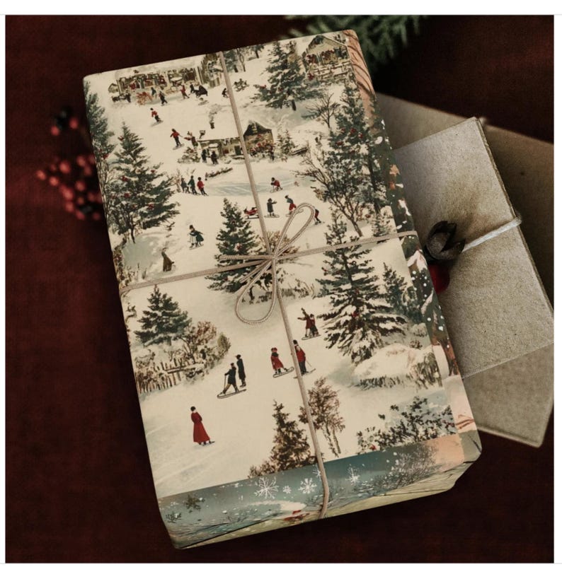 Vintage Skiers Christmas Wrapping Paper, Nostalgic Winter Skiing ...