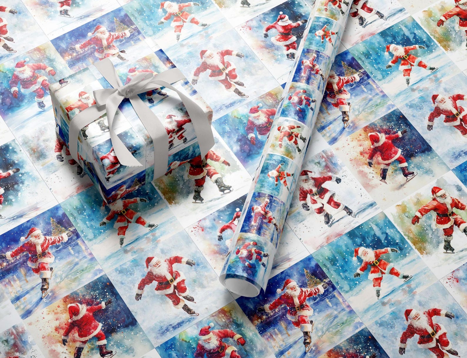Santa Claus Ice Skating Gift Wrapping Paper: Matte or Satin Finish - Etsy