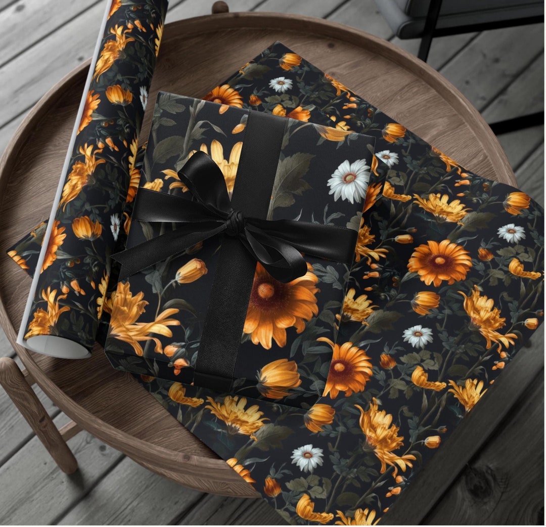 Daisy Gift Wrapping Paper, Yellow Daisies Gift Wrap, Black Gift Wrap ...