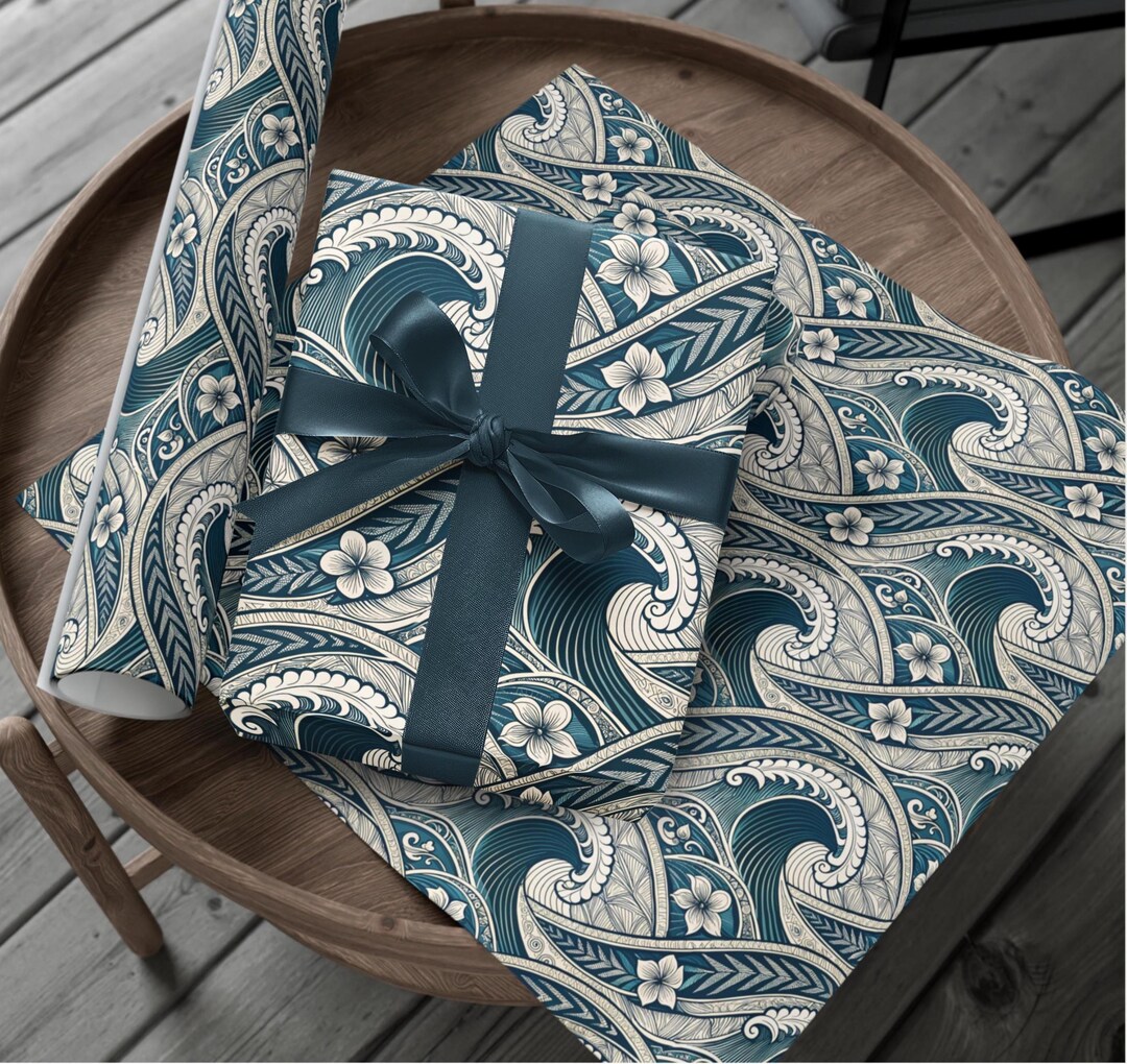 Wrapping Paper Set, Blue Ocean Waves and Plumerias, Retro Arts and ...
