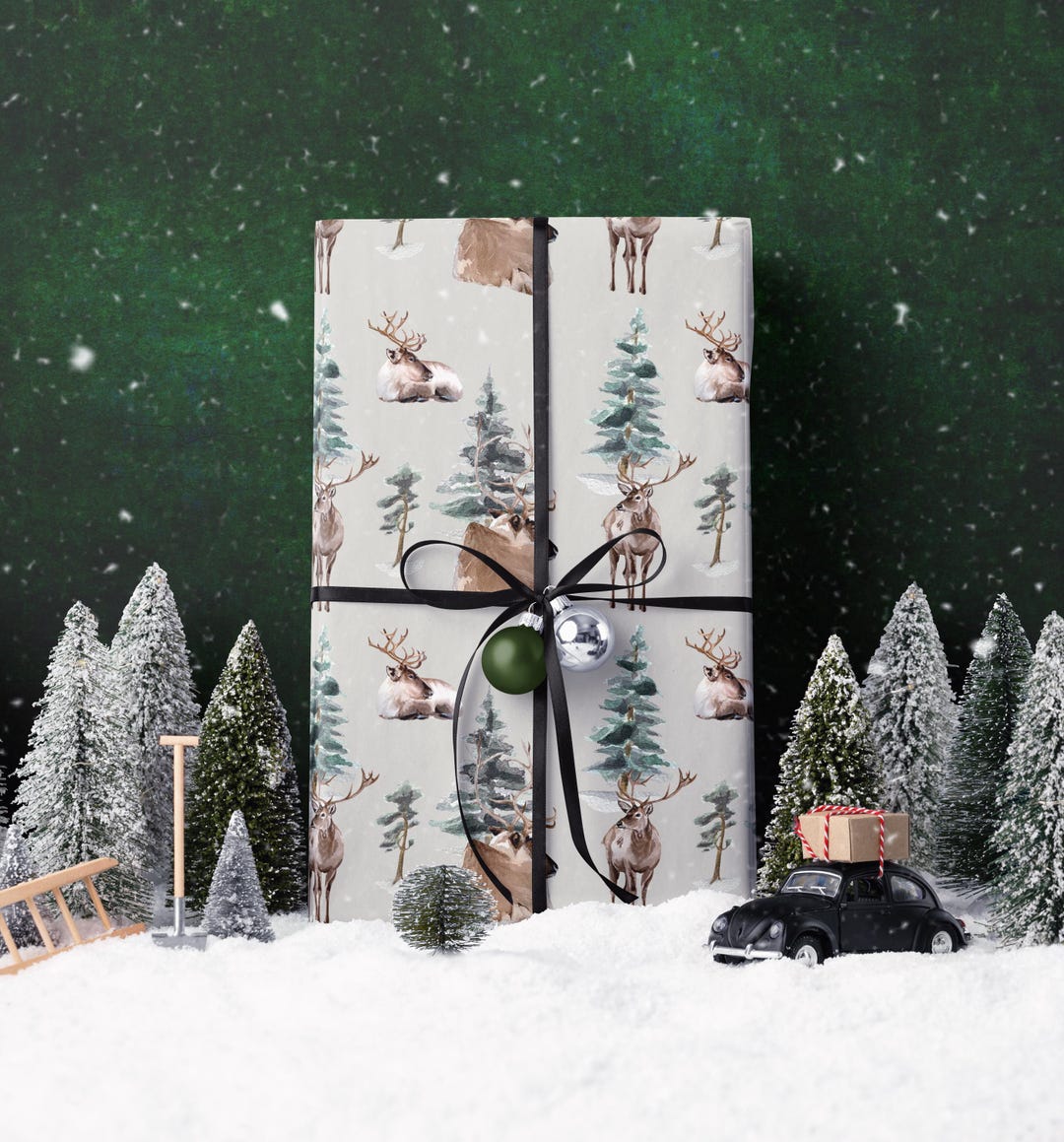 Elk & Caribou Gift Wrap Paper: Rustic Evergreen Holiday Design - Etsy