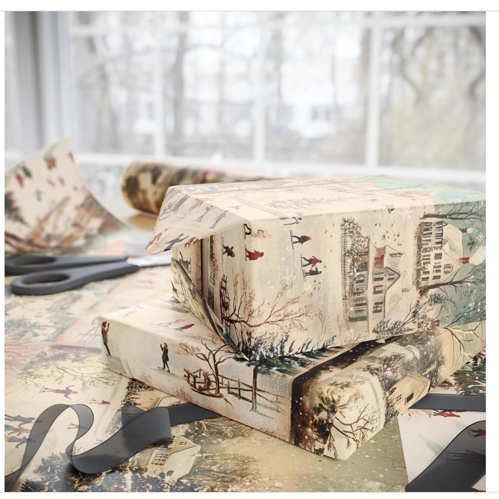 Vintage Skiers Christmas Wrapping Paper, Nostalgic Winter Skiing ...
