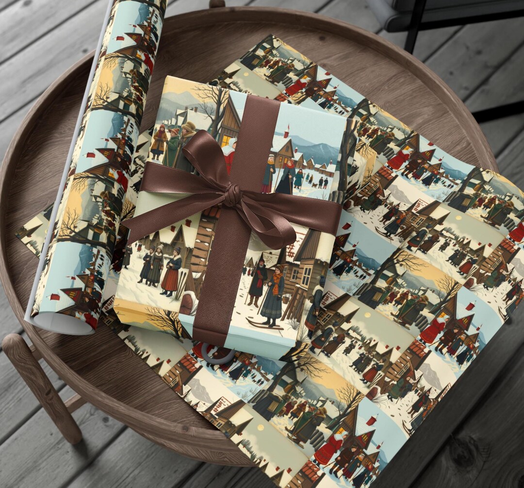 Vintage Cross-country Skiers Wrapping Paper, Nostalgic Winter Skiing ...