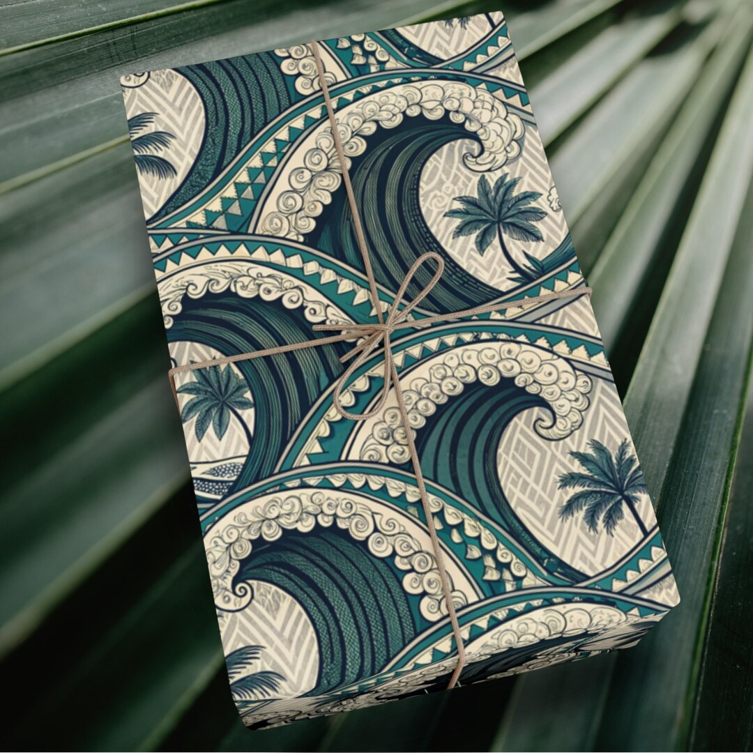 Teal Blue Palm Tree Waves Wrapping Paper: Retro Beach Gift Wrap - Etsy