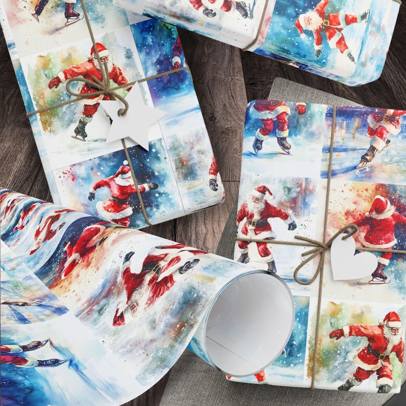 Santa Claus Ice Skating Gift Wrapping Paper: Matte or Satin Finish - Etsy