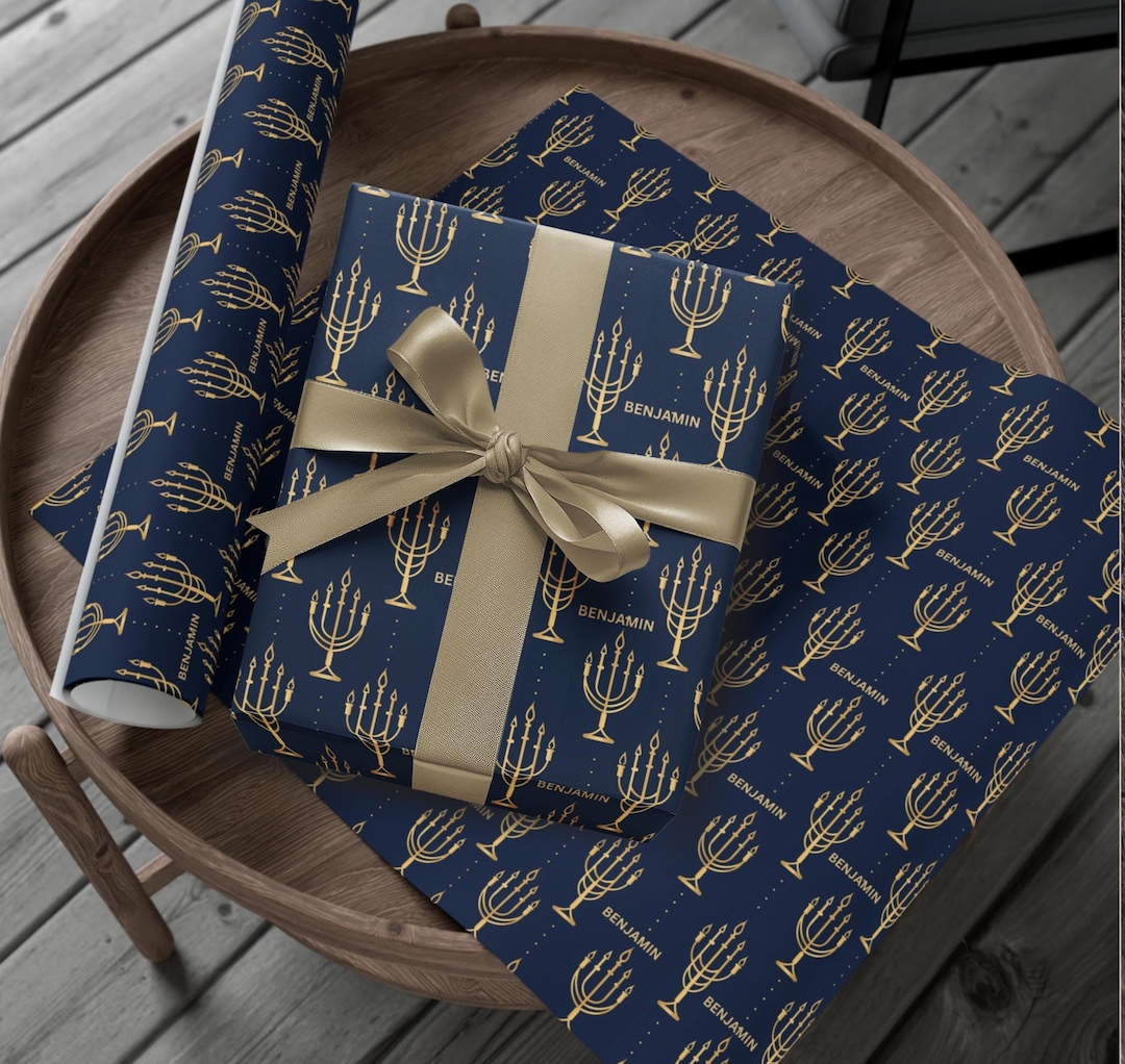 Personalized Hanukkah Menorah Gift Wrap: Blue & Gold Jewish Holiday ...